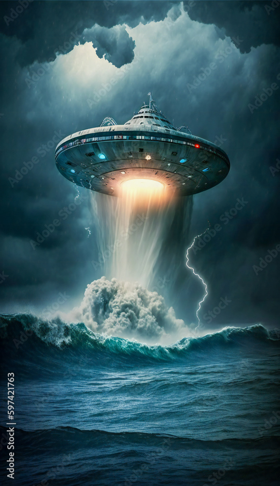 UFO takeoff from the ocean. Created with Generative AI technology ...