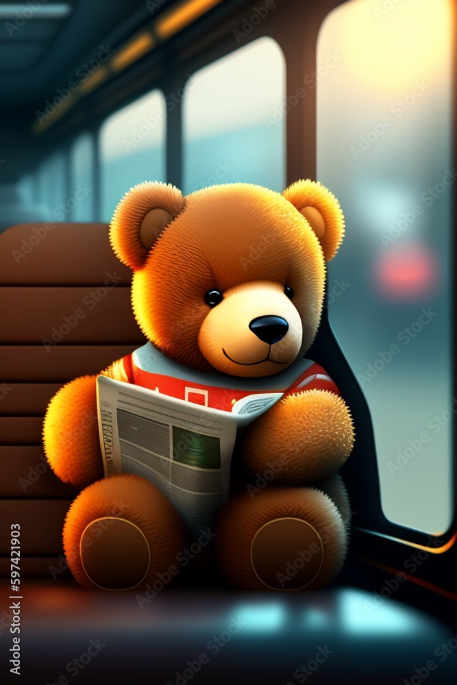 Cute teddy bear reading newspaper in the bus, cinematic shot, extremely ...
