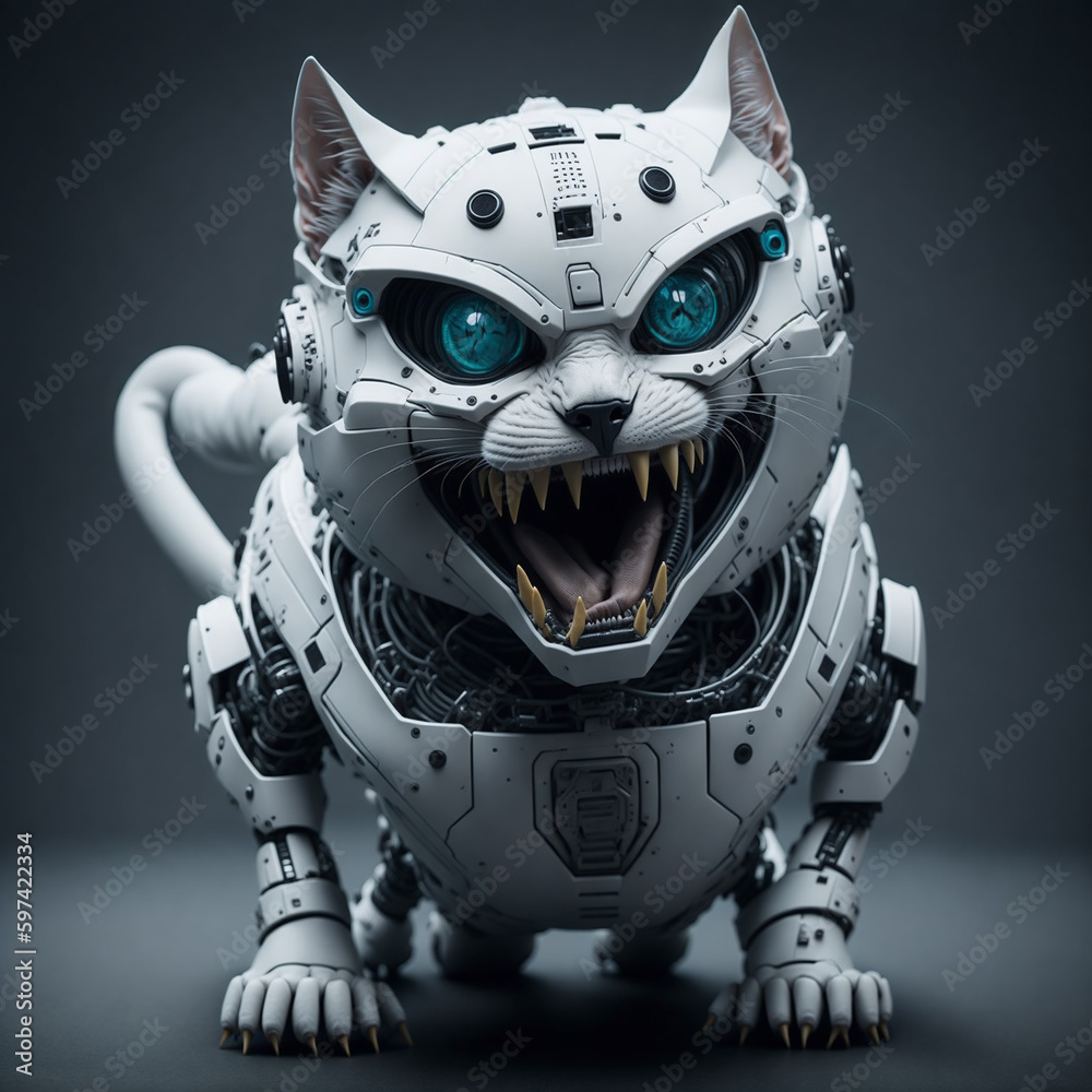 Crazy white robot cat with frightening face, created with Generative AI ...