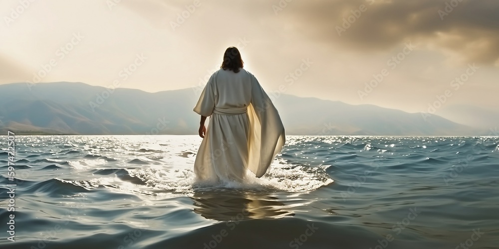 Jesus Christ walking on water on the sea of Galilee. AI generated Stock ...