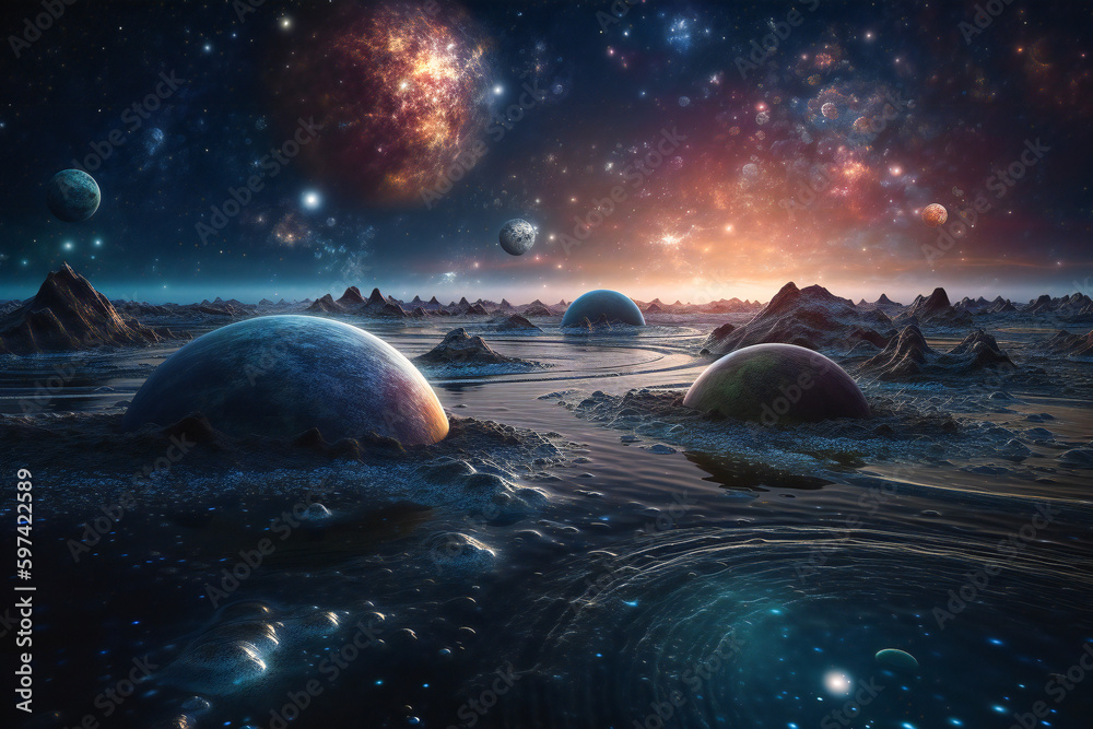 Strange, surreal alien landscape with dark fluid matter, lights and ...