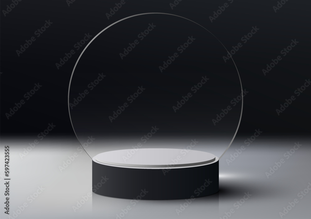 3D realistic empty black and white podium platform with circle ...