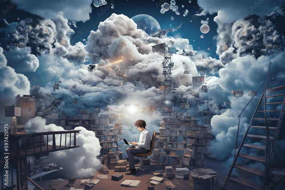 a young guy among books and clouds, the world of dreams, reading ...