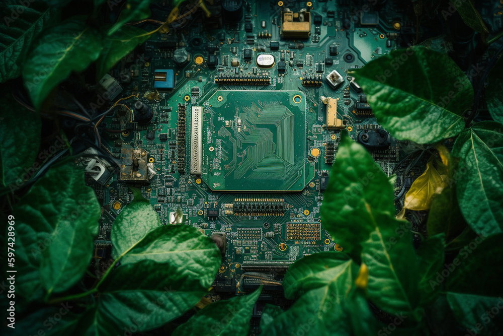 green computer board with microchips, created by a neural network ...