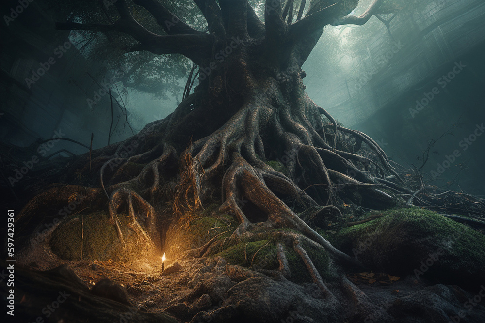 fantasy is a huge tree with massive roots in a mysterious misty forest ...