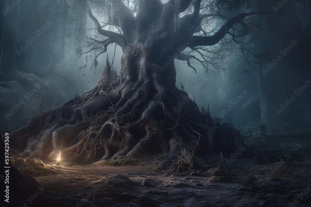 fantasy is a huge tree with massive roots in a mysterious misty forest ...