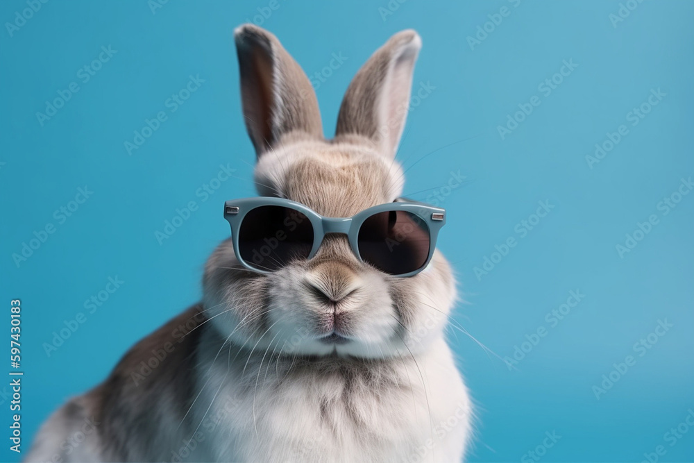 rabbit with glasses on a blue background, created by a neural network ...