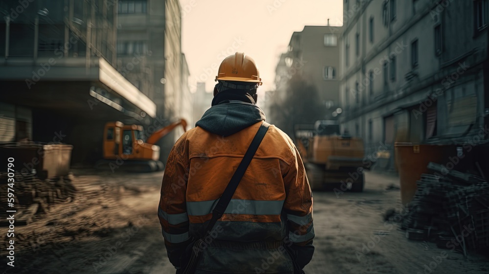 Back view of worker contractor wearing hard hat and safety vest. Worker ...