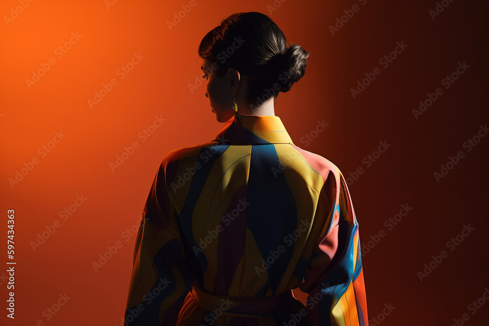 girl view from the back on an orange background, created by a neural ...