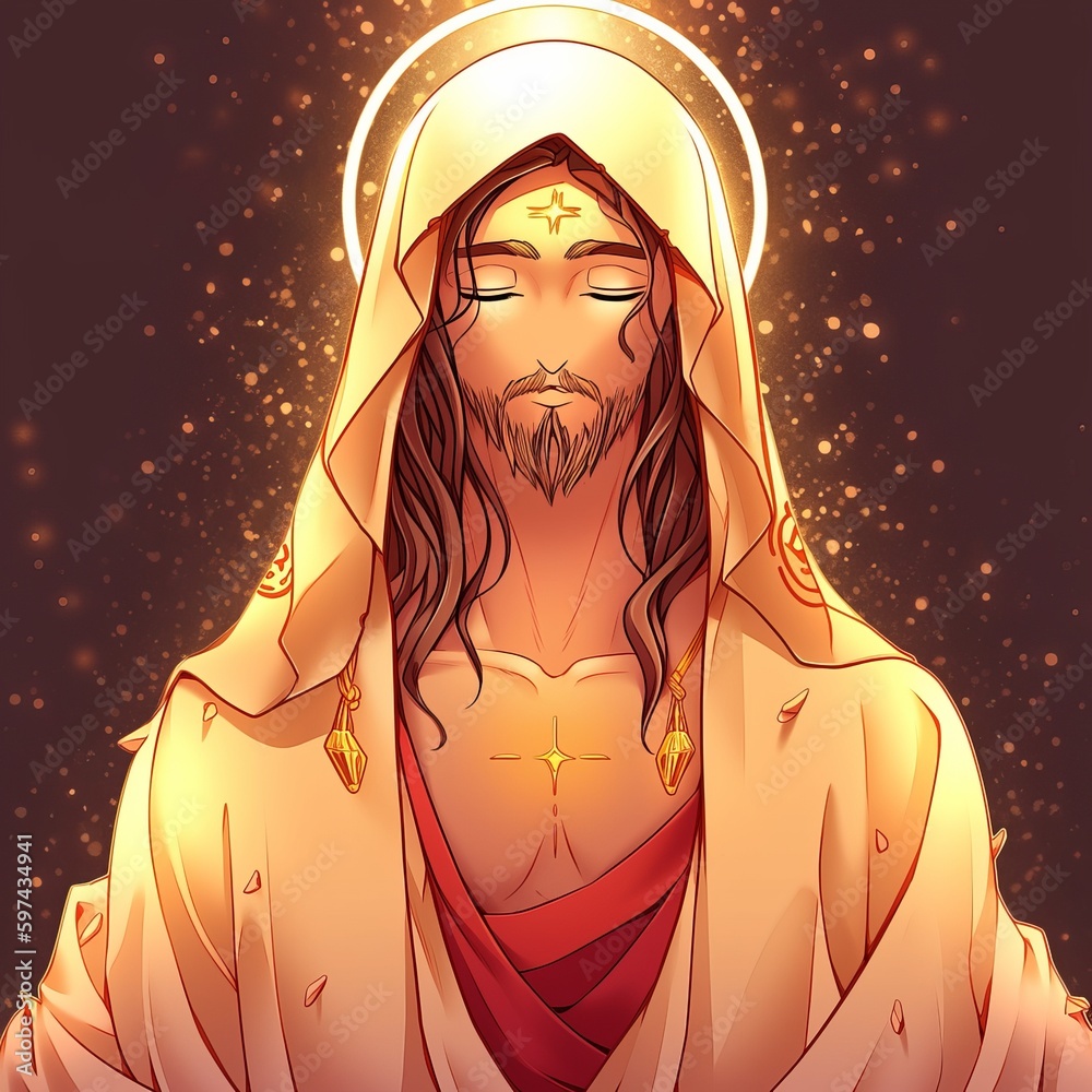 Jesus Christ on anime style, shining and sparkling dust, rise to heaven ...