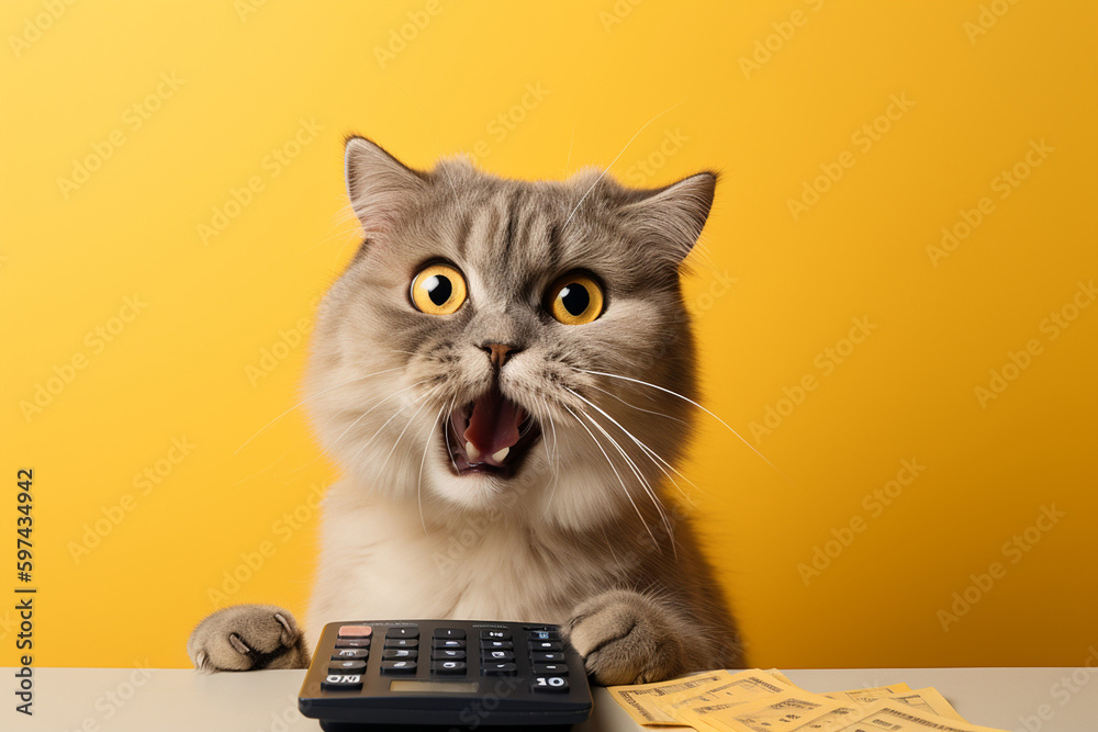 calculating taxes, the cat is shocked by the bills, yellow background ...