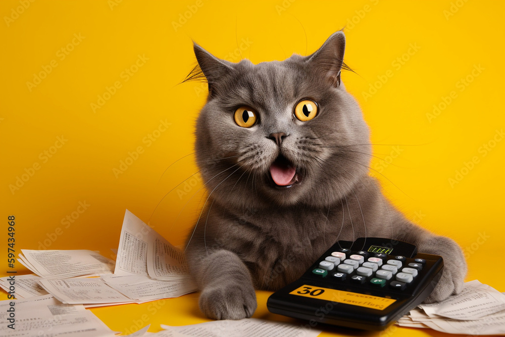 calculating taxes, the cat is shocked by the bills, yellow background ...
