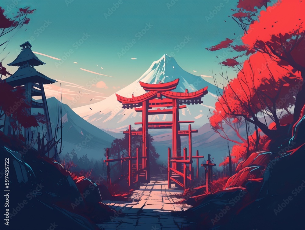 Japanese red gate with Fuji mountain background, vector cartoon ...