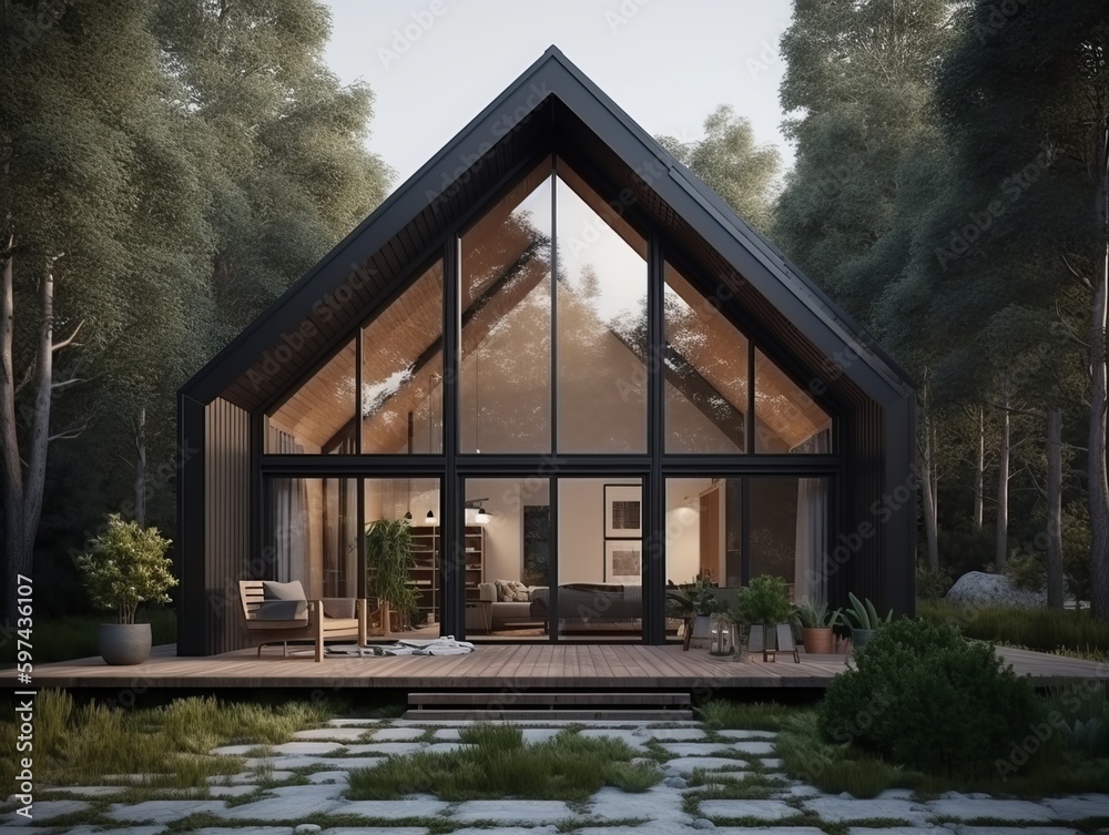 Front view photo of a modern house with black roof and glass wall on ...