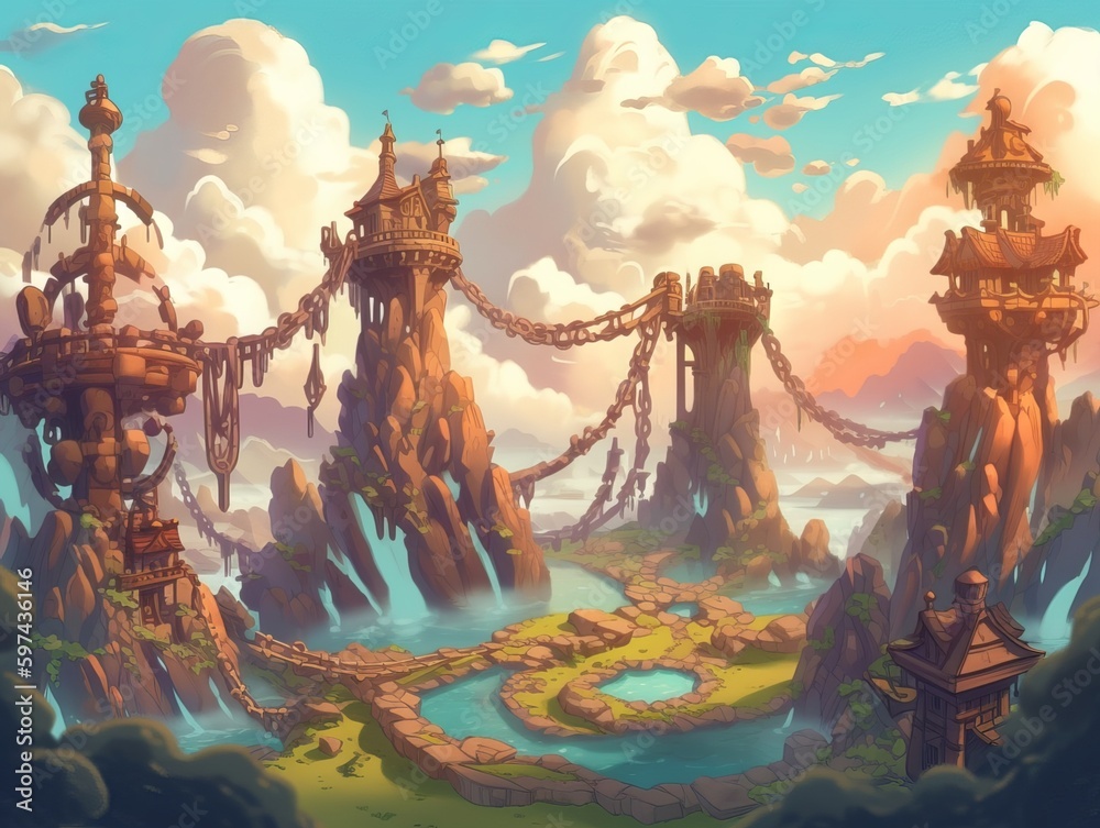 Fantasy landscape with bridge on hills, epic clouds and sky, fantasy ...