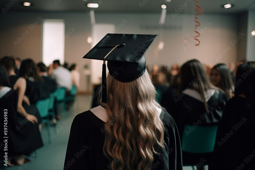 a graduate at the graduation party, a view from the back, created by a ...