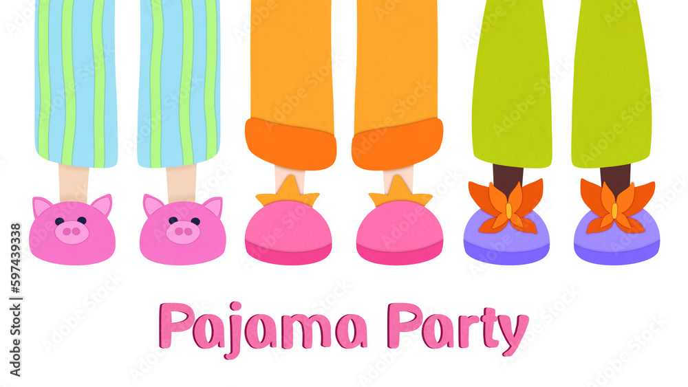 Legs in funny slippers and text Pajama Party on white background ...