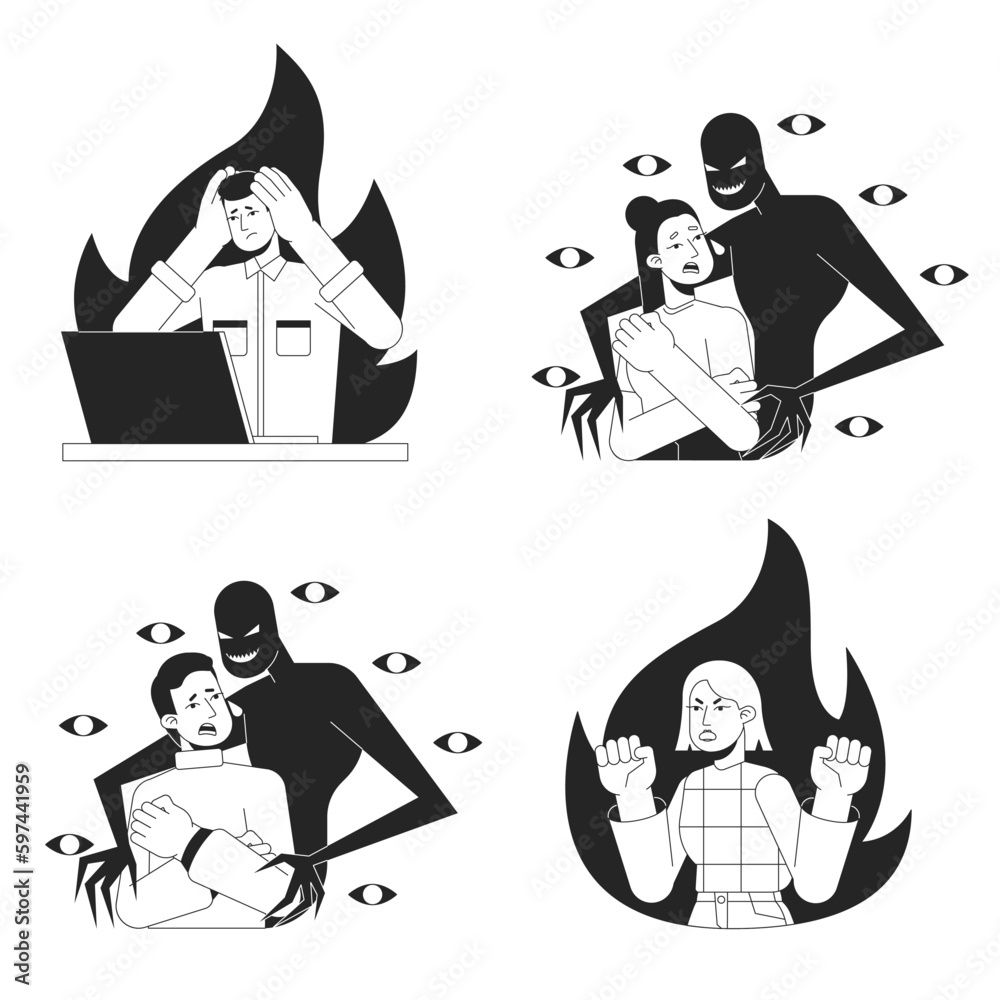 Mental illnesses bw concept vector spot illustration set. Depressed 2D ...