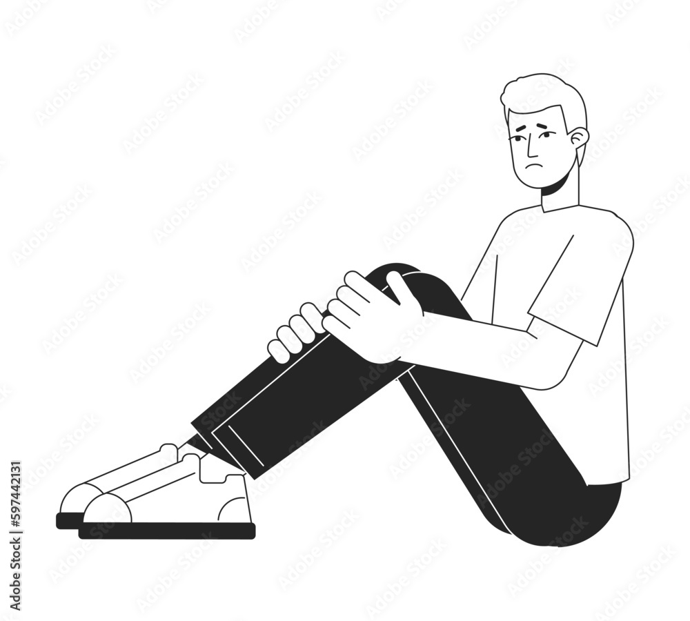 Vetor de Depressed man sitting and holding legs flat line black white ...