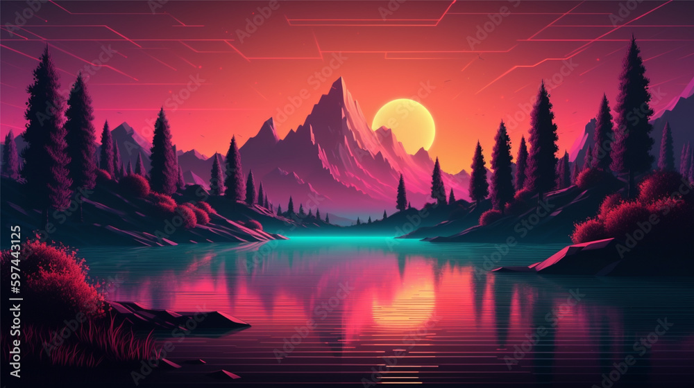 Synthwave and retrowave landscape background with mountains, trees ...
