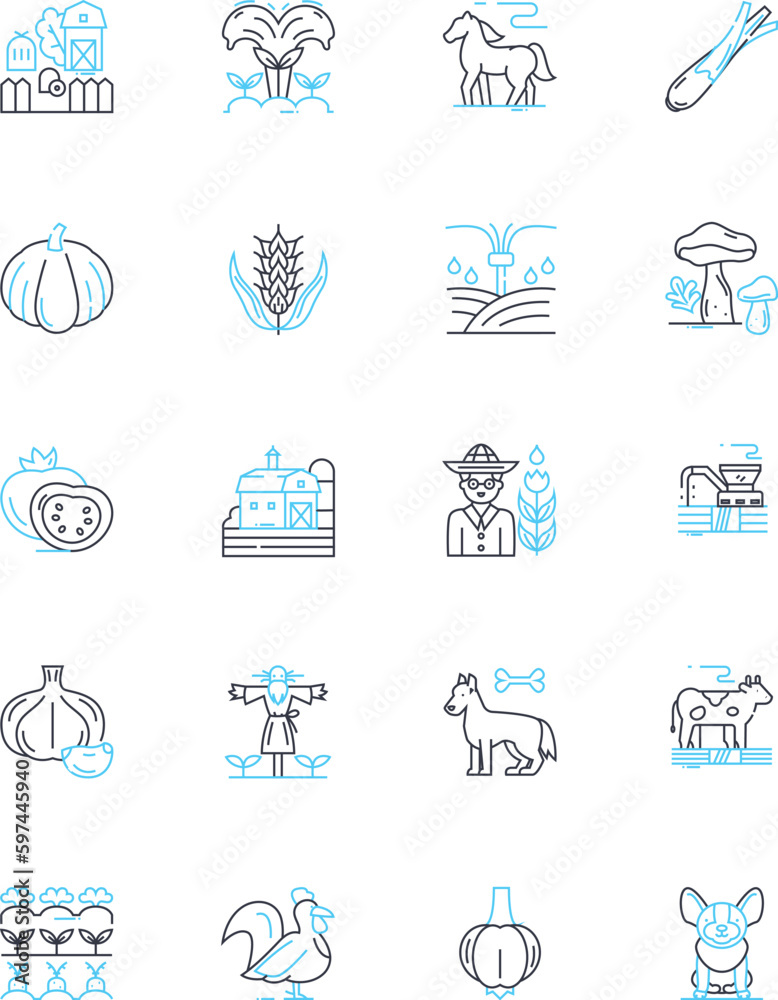Livestock management linear icons set. Grazing, Herding, Vaccination ...