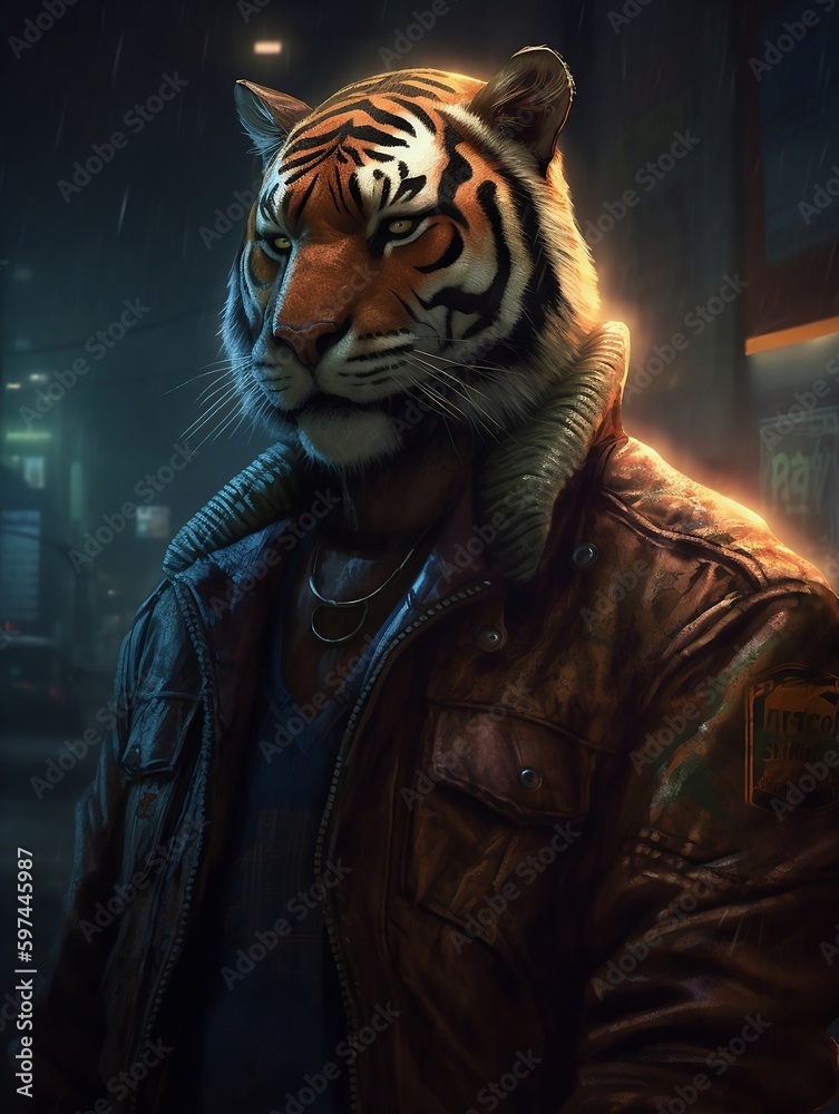 Strong tiger living in cyberpunk city, tiger head, wearing big leather ...