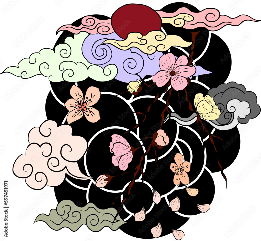 Sakura flower and clouds vector for background.Tattoo art with cherry ...