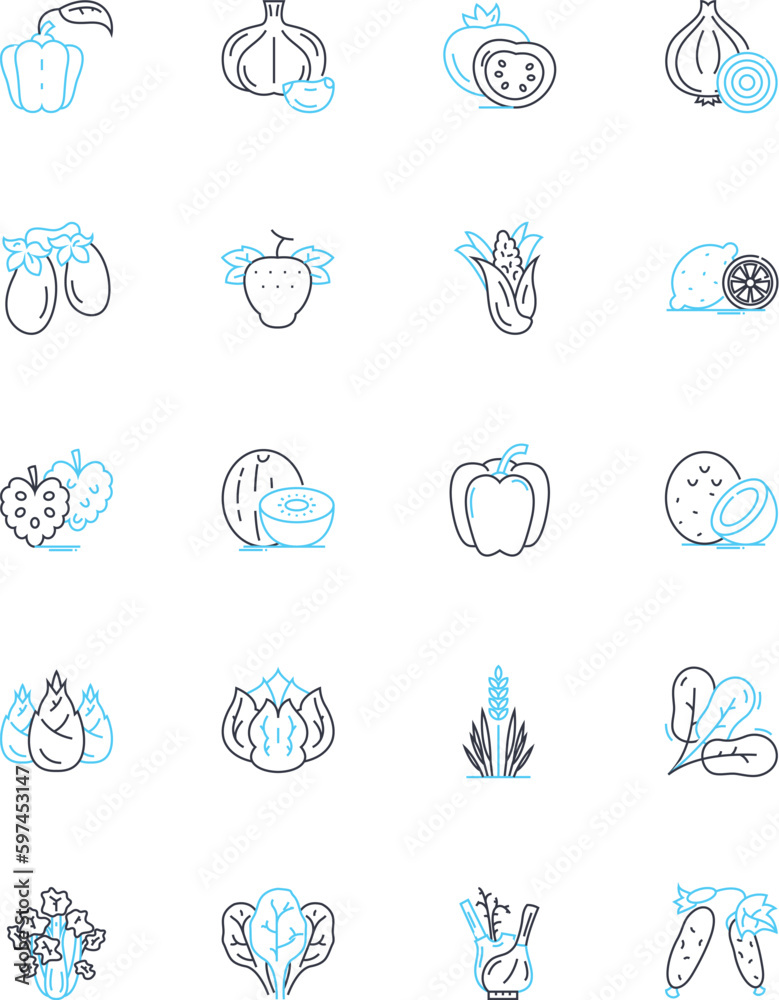 Supermarket goods linear icons set. Groceries, Produce, Snacks ...