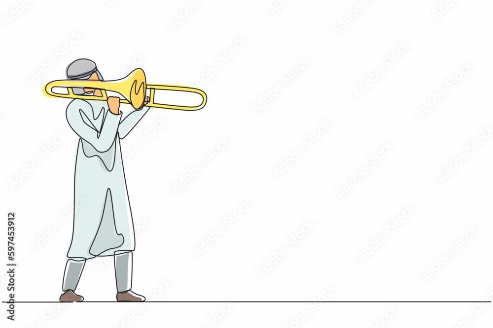 Continuous one line drawing Arabian trombone player. Male performer ...