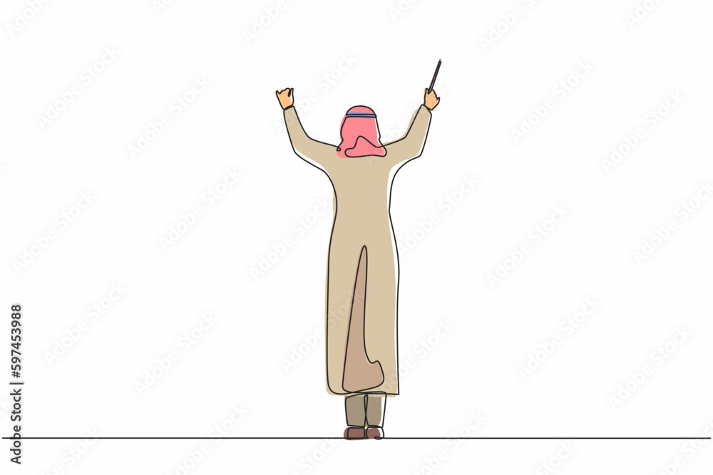 Continuous one line drawing back view of Arab man conductor performing ...