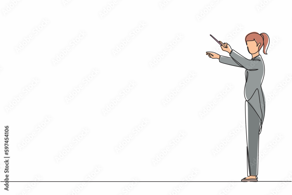 Single one line drawing woman music conductor. Female musician perform ...