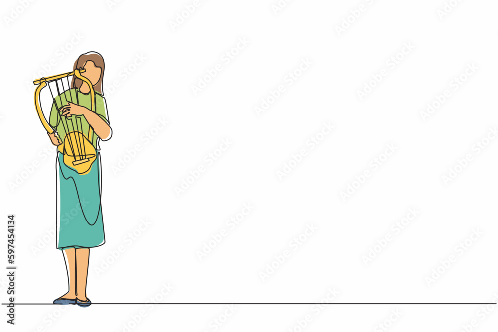 Continuous one line drawing female musician playing musical lyre ...