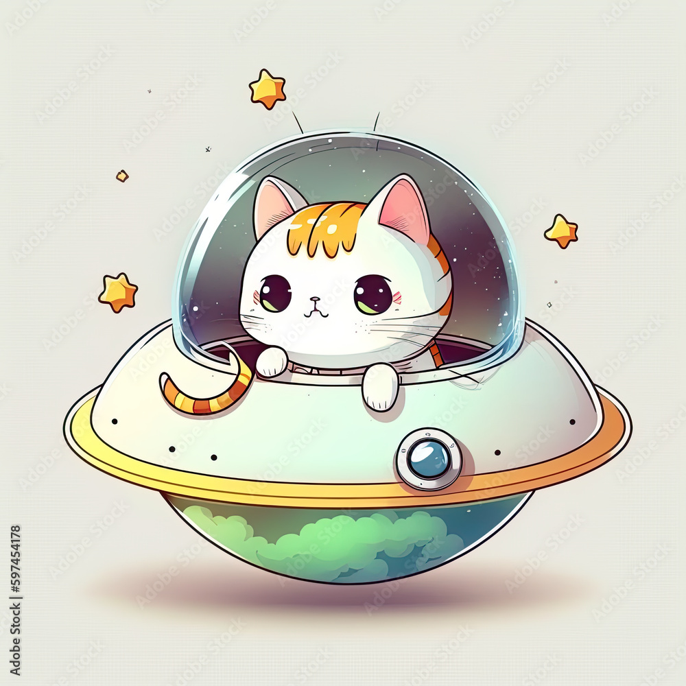 Cat in ufo, flying saucer, cartoon chibi style, AI generative ...
