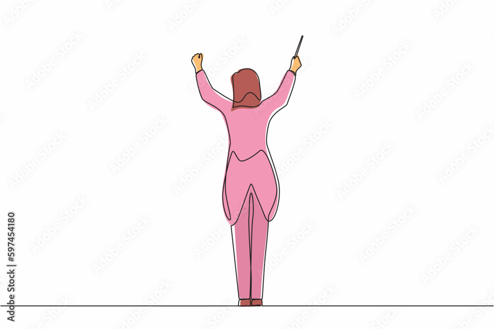 Single continuous line drawing back view woman conductor performing on ...