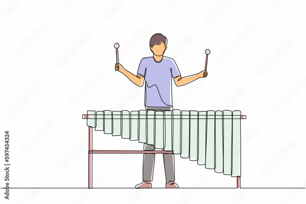 Continuous one line drawing man percussion player play marimba. Young ...