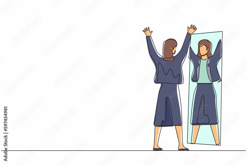 Continuous one line drawing happy businesswoman look in mirror with ...