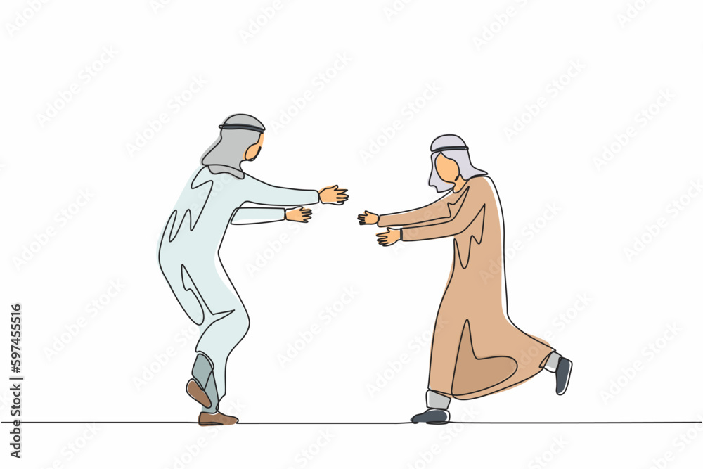 Single continuous line drawing two happy Arabian guys run to meet each ...