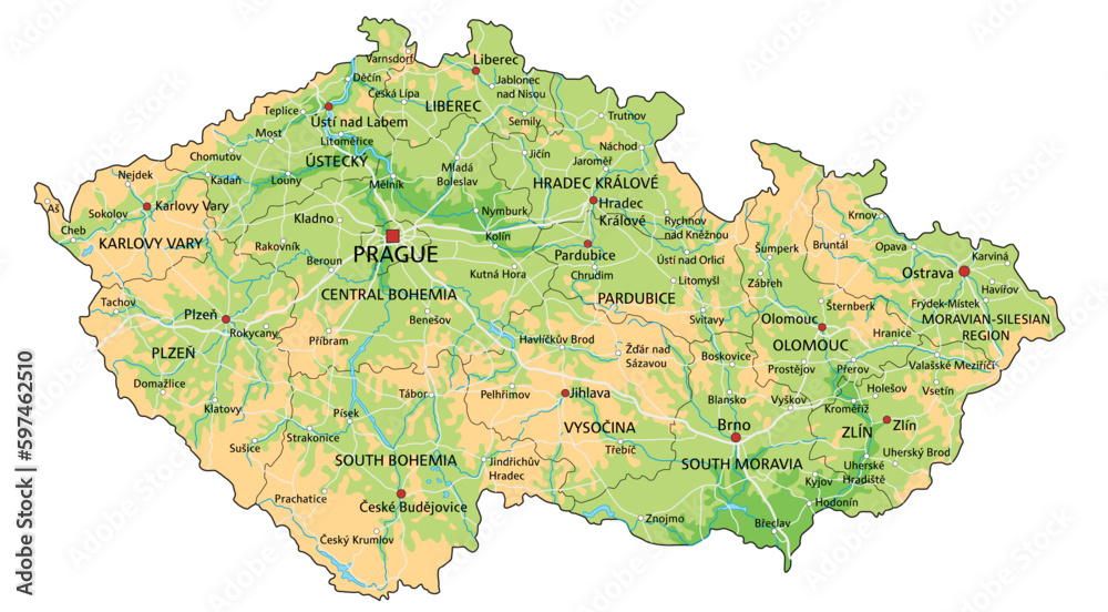 Poster High detailed Czech Republic physical map with labeling. – Wall ...