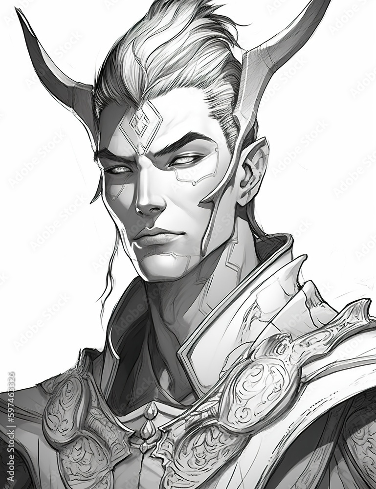 Fantasy character with Asian influences, black white illustration ...