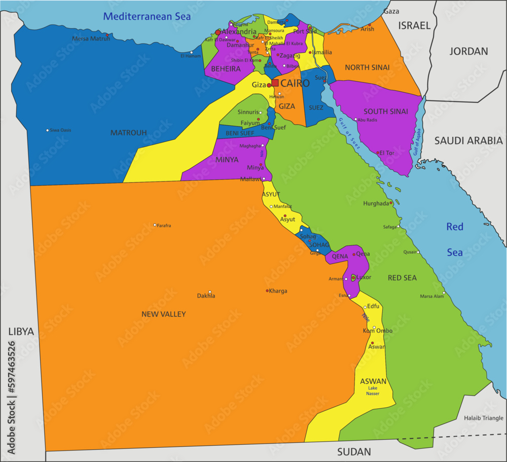 Colorful Egypt political map with clearly labeled, separated layers ...