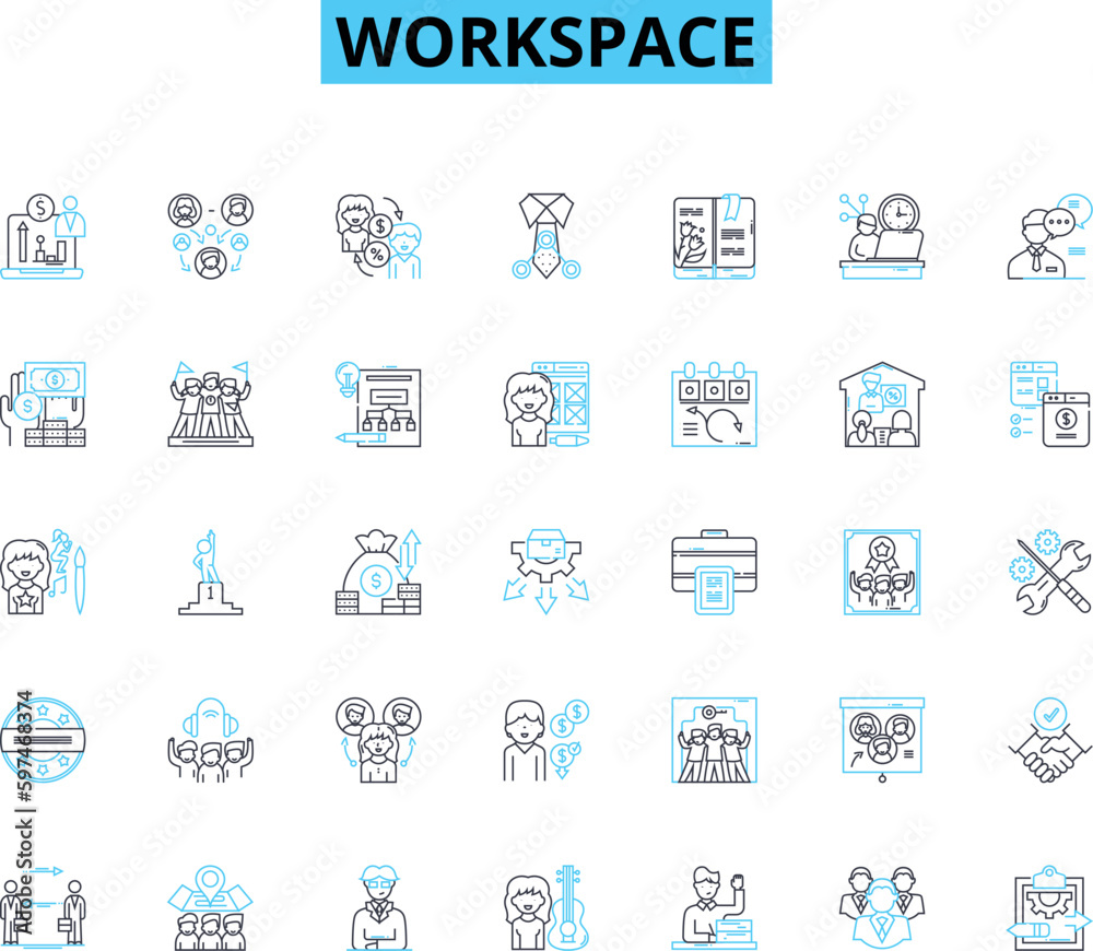 Workspace linear icons set. Desk, Office, Cubicle, Laptop, Files, Chair ...