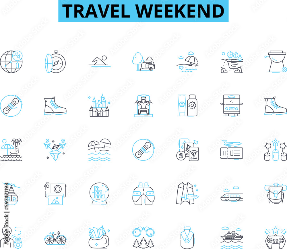 Travel weekend linear icons set. Escapade, Journey, Getaway, Excursion ...