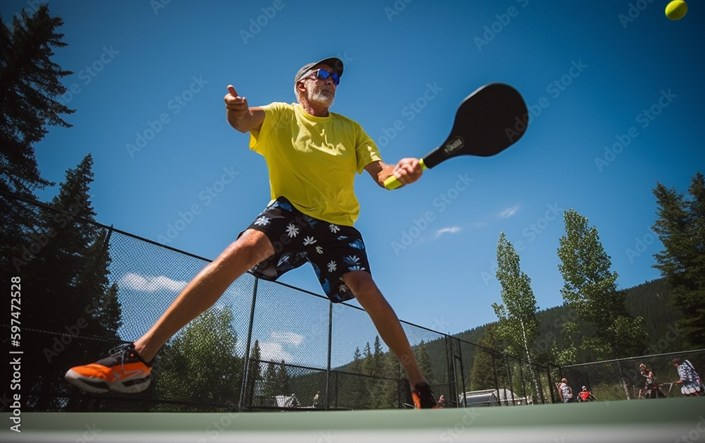 Action shot with copy space of pickleball senior player in mid-air ...
