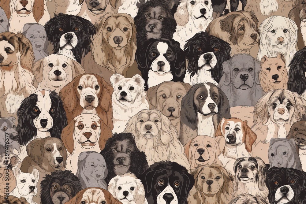A charming seamless pattern that showcases a multitude of adorable dog ...