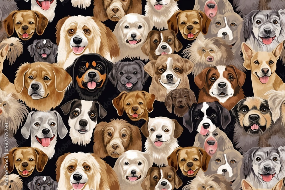 A charming seamless pattern that showcases a multitude of adorable dog ...