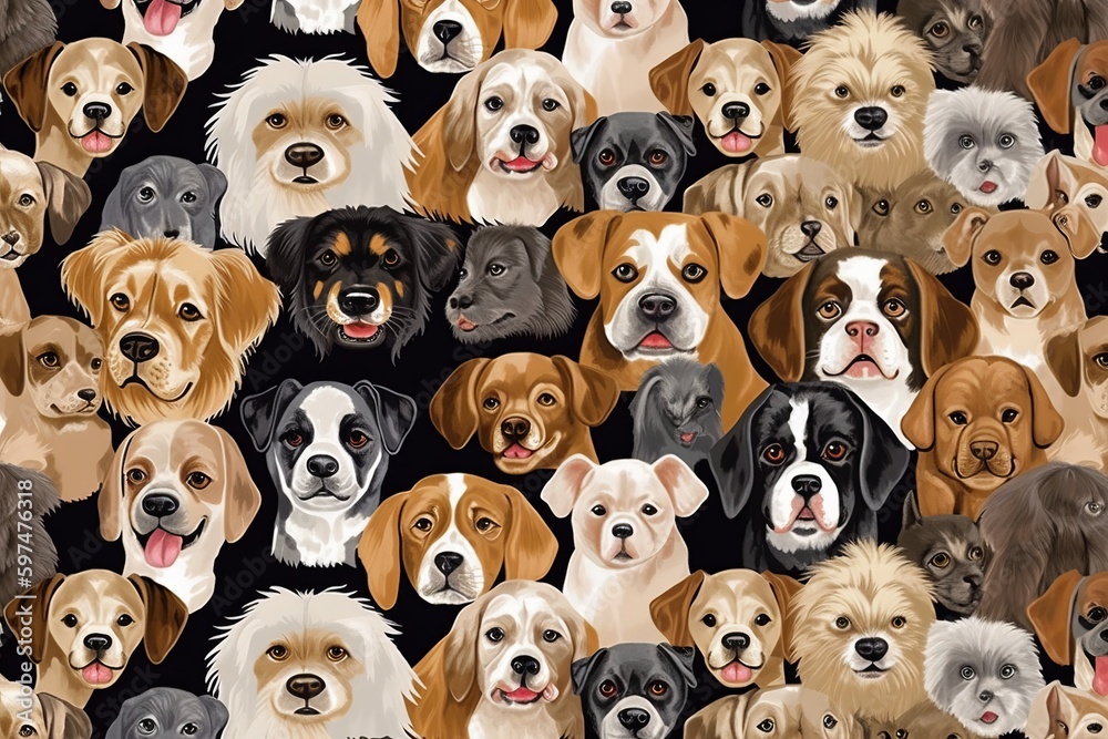A charming seamless pattern that showcases a multitude of adorable dog ...