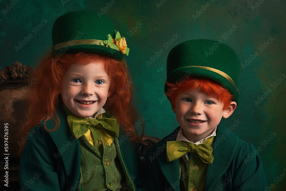 Traditional Irish leprechaun fairy tale children boy and girl character ...