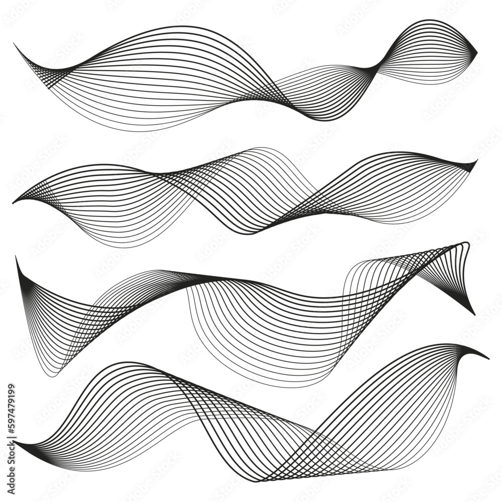 A vector set of abstract graphical waves, composed of flowing lines for ...