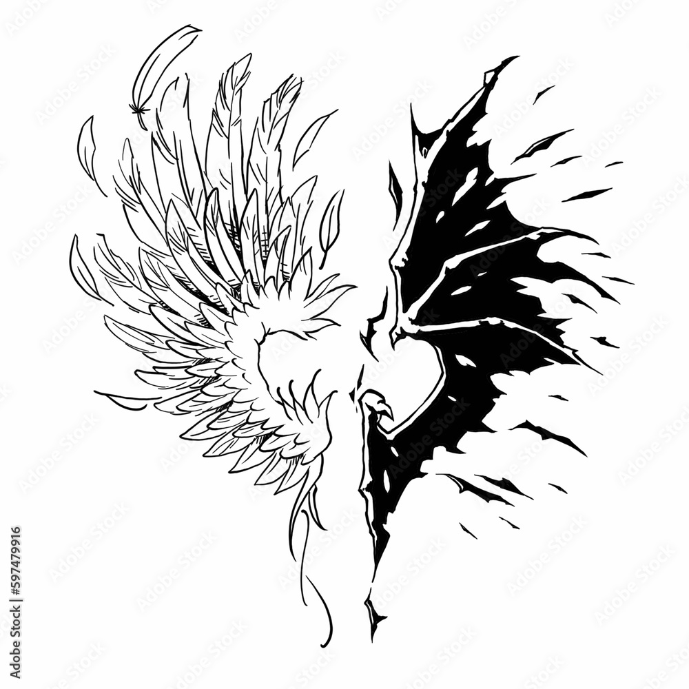 black and white illustration of an angel wing and a demon wing for ...