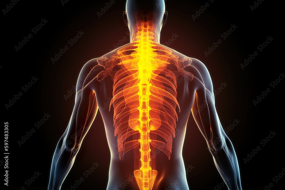 X-ray of a human body. Lumbar and back. Pain and injury concept. Image ...
